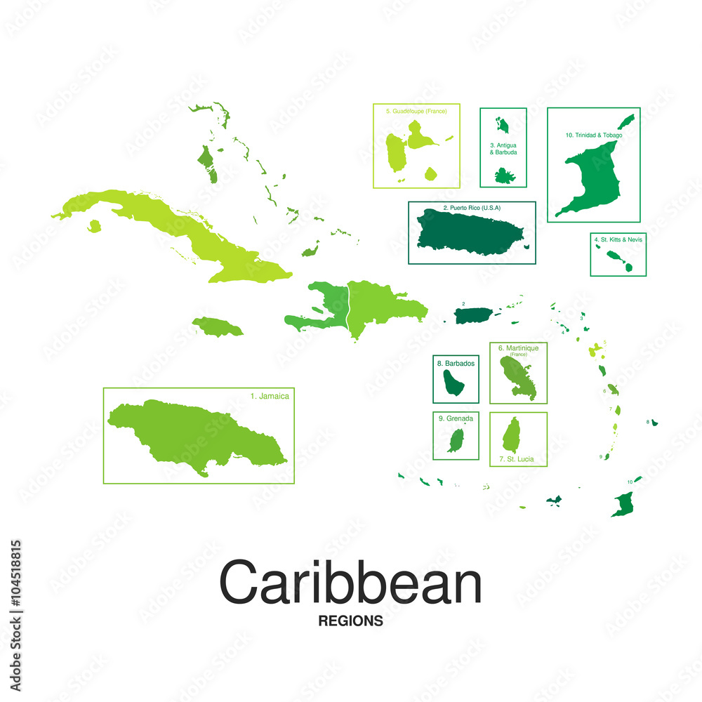 The Caribbean Islands regions map Stock Vector | Adobe Stock