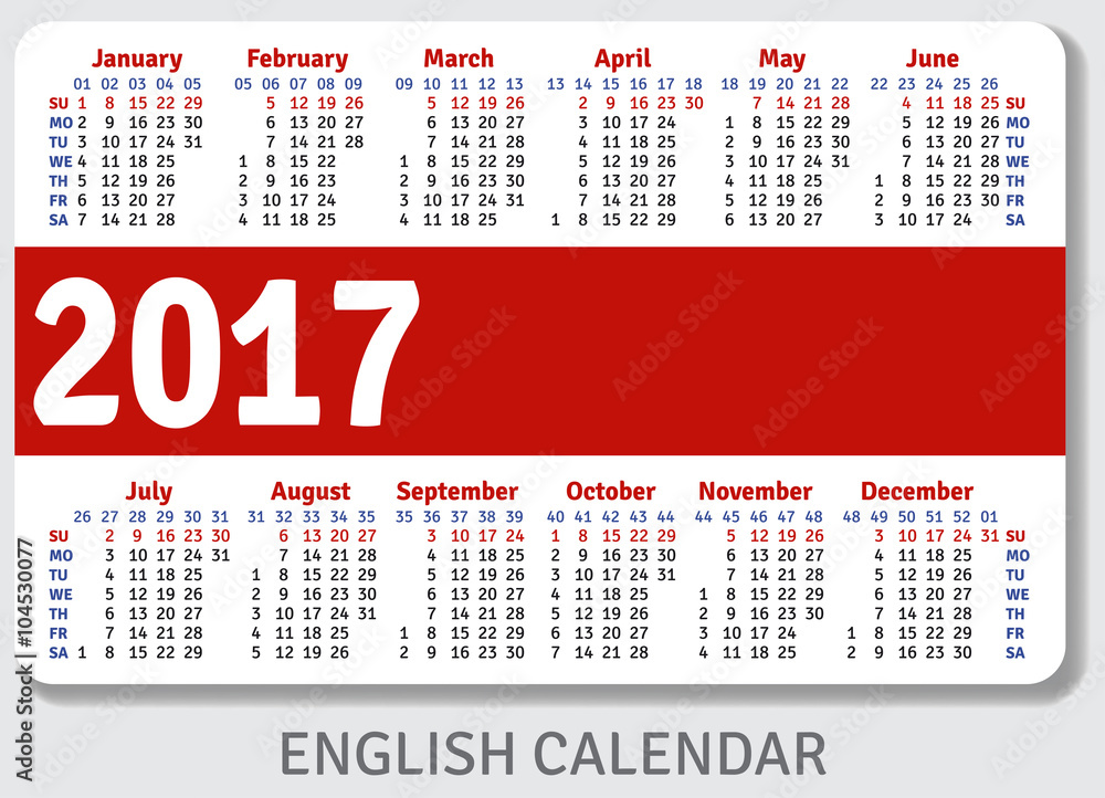 English pocket calendar for 2017, standard size ISO 7810 ID-1, vector ...