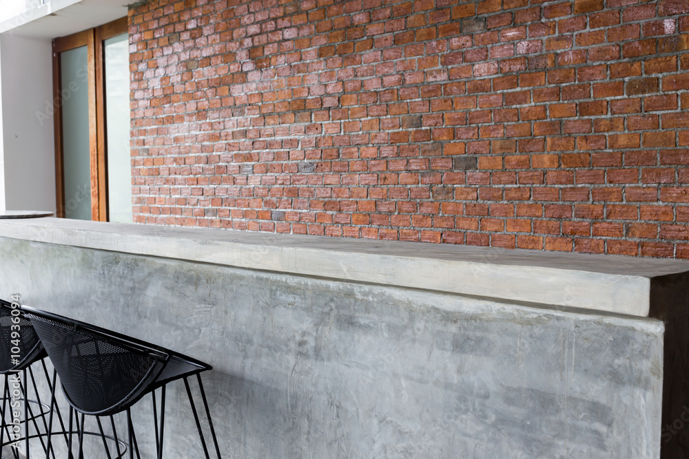 design of interior, counter bar made from cement with iron seat Stock ...