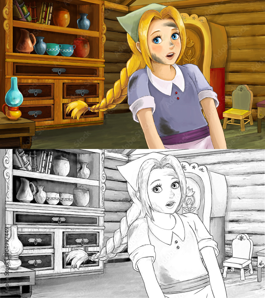 Cartoon scene for different fairy tales - young girl dressed dirty ...