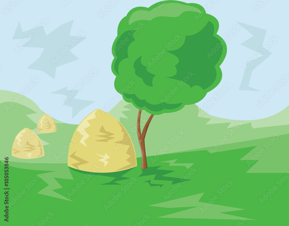 Hills Valley, Tree and Stacks of Hay. Meadow with Trees and Straw ...