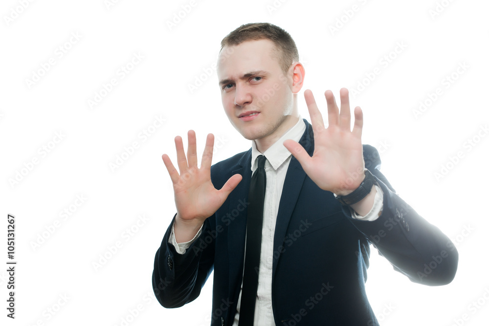 No More Concept, Stop Gesture. Portrait of a young man stressed ...