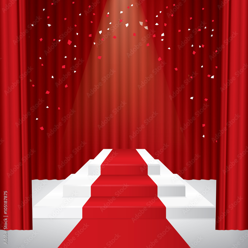 Illuminated stage podium with confetti, red curtain and red carpet ...