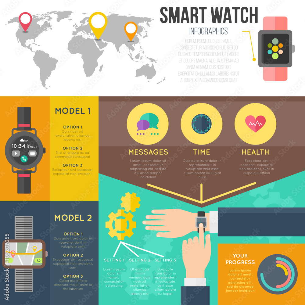 smart watch infographics set, vector elements for smartwatch menu and ...