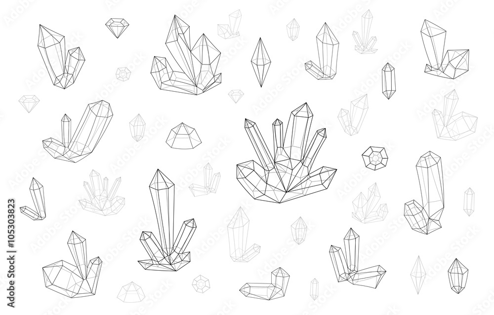 Set 18 isolated fashion crystal. Monochrome diamonds in lines hipster ...