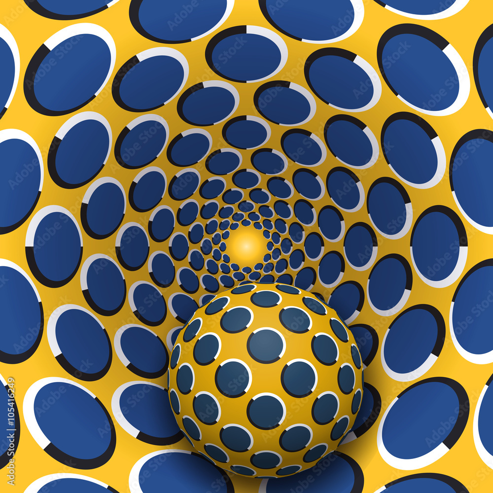 Optical illusion illustration. A ball is moving in yellow blue polka ...