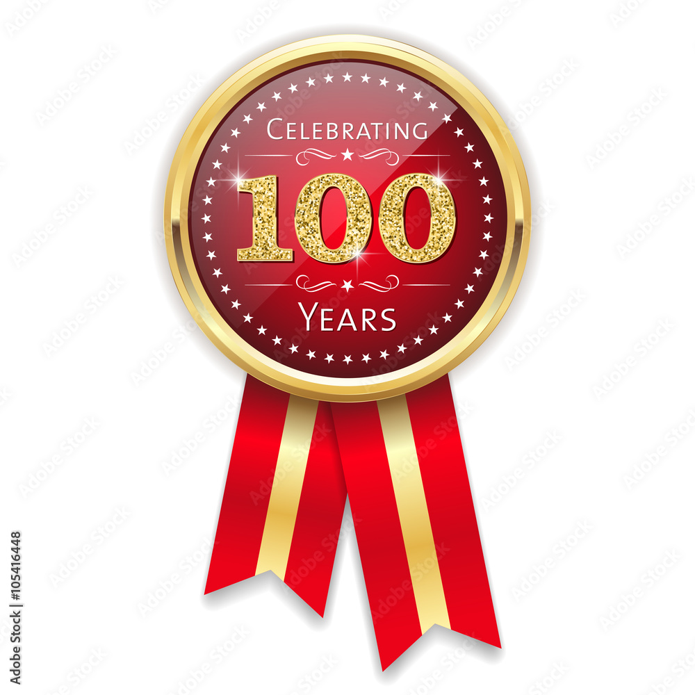 Red celebrating 100 years badge, rosette with gold border and ribbon ...