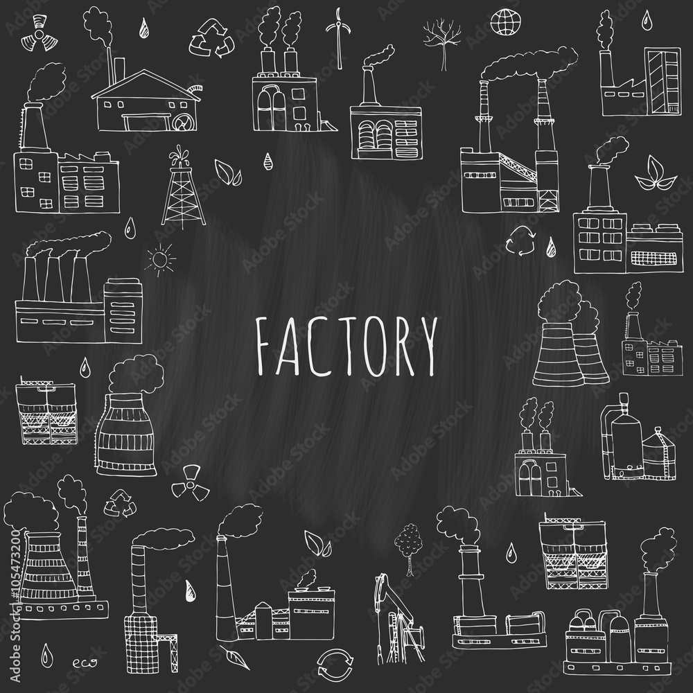 Hand drawn doodle Factory set Vector illustration Sketchy cartoon ...