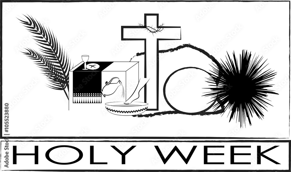 Holy Week- Palm Sunday to Easter Sunday. Black and white drawing ...