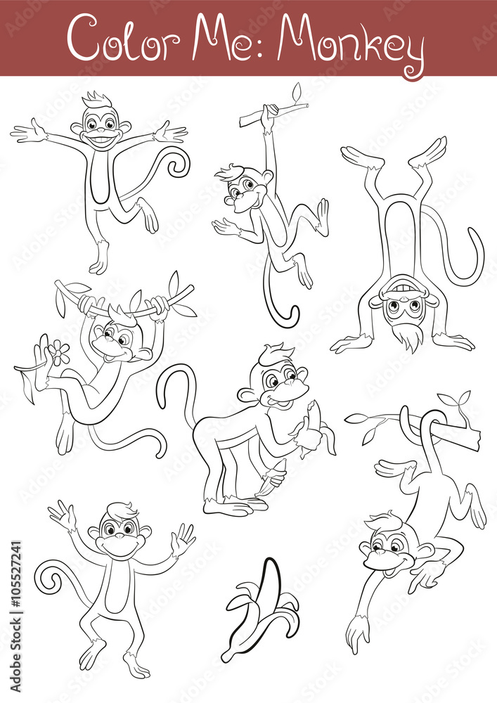 Coloring pages "Color me: Monkey". Set of seven cute little monkey in ...