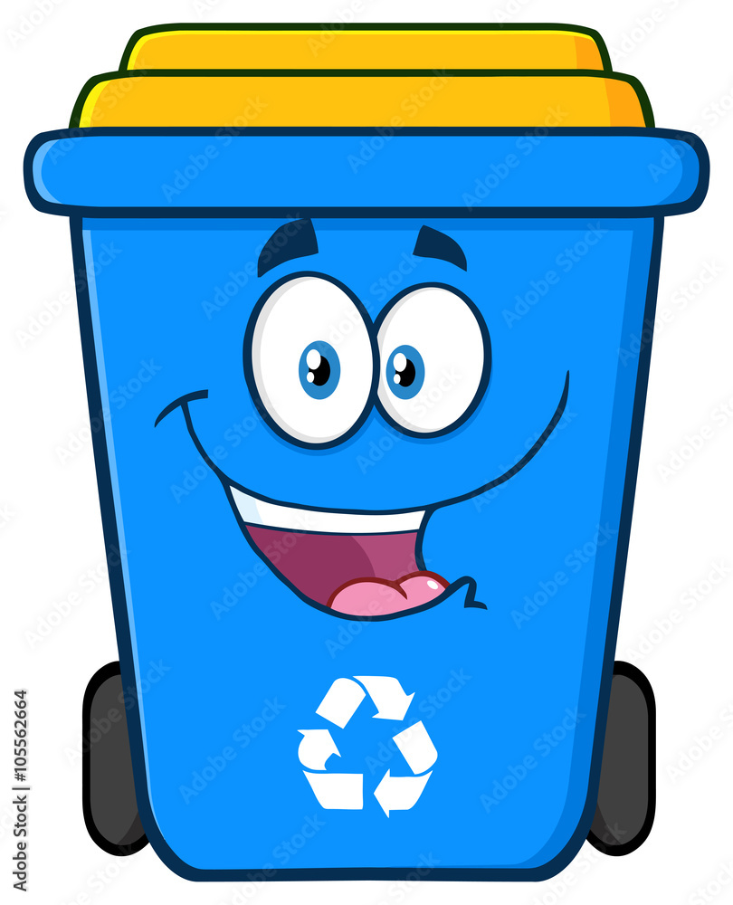 Happy Blue Recycle Bin Cartoon Character Stock Vector | Adobe Stock