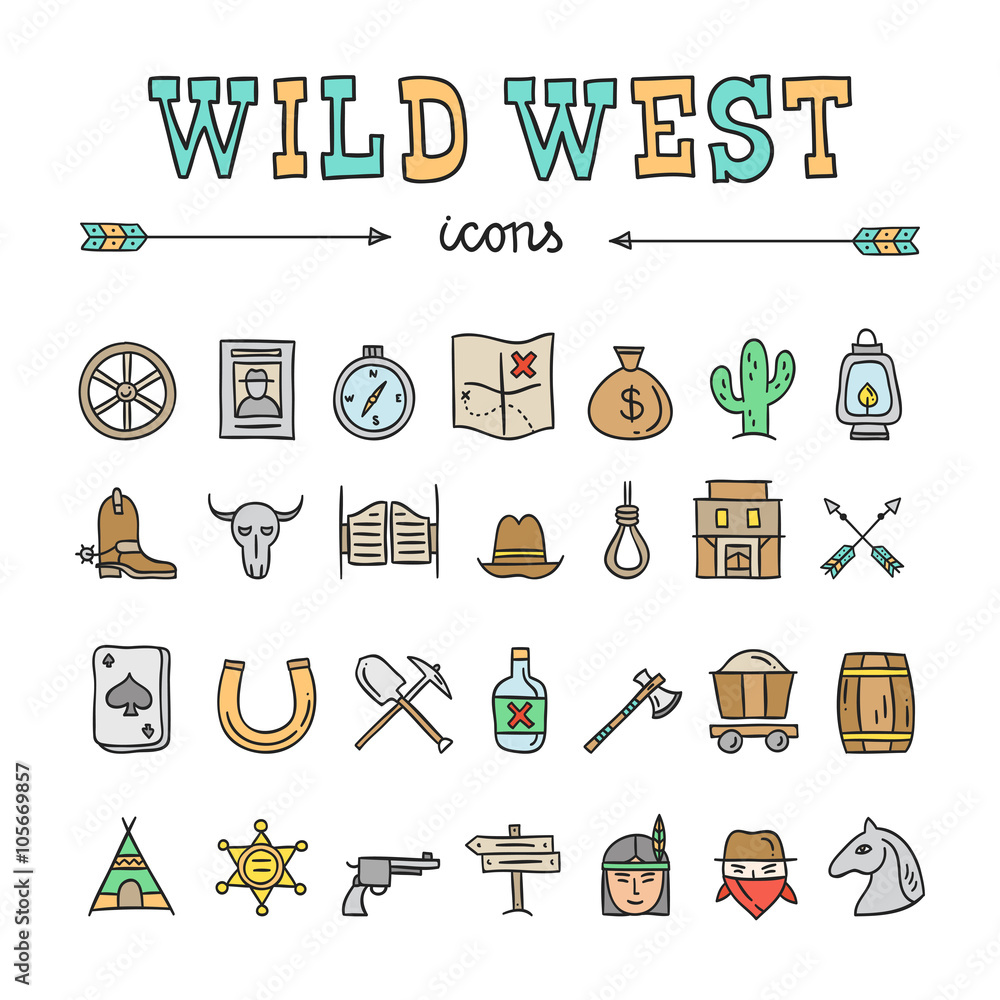 Hand drawn wild west icons. Cute wild west doodle symbols Stock Vector ...