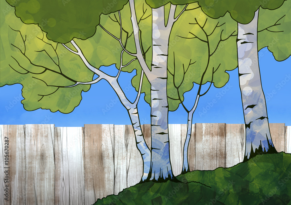 Cartoon hand drawn nature landscape with four birch trees Stock ...