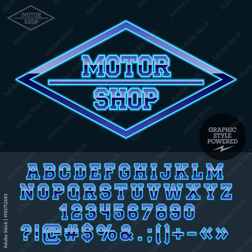 Retro neon blue plastic logo for motor shop. Vector set of letters ...