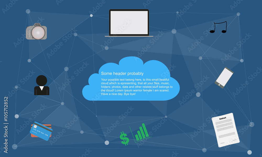 Vector de Stock Cloud computing concept, data storage and connection in flat colors with cloud ...
