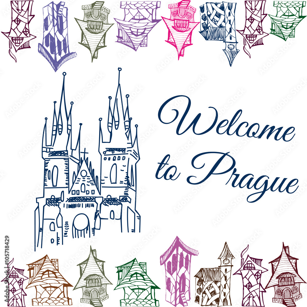 hand drawn Doodle home, welcome to Prague, background design for flyers ...