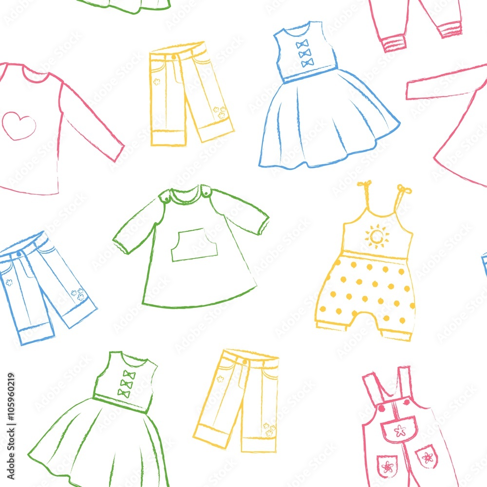 Seamless pattern white background with cute colored dresses for the ...