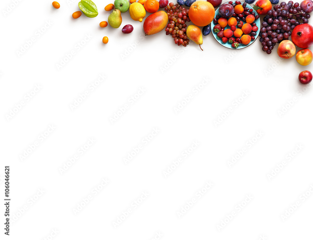 Healthy fruits background. Studio photo of different fruits isolated ...