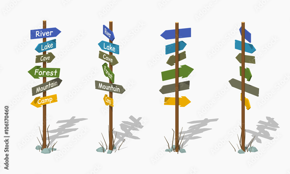 Wooden signpost with the colorful arrows. 3D lowpoly isometric vector ...
