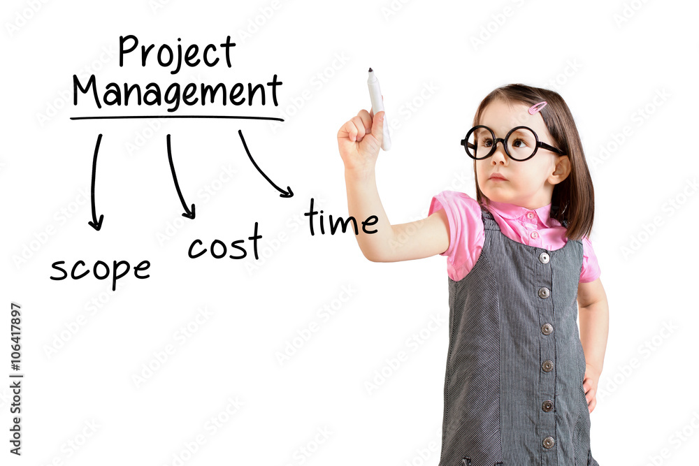 Cute little girl wearing business dress and writing project management ...