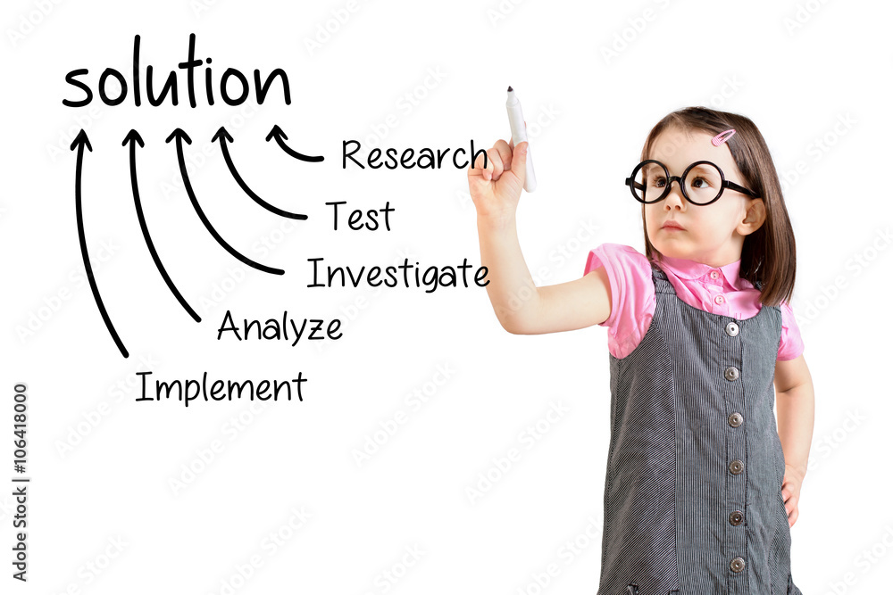 Cute little girl wearing business dress and writing solution finding ...
