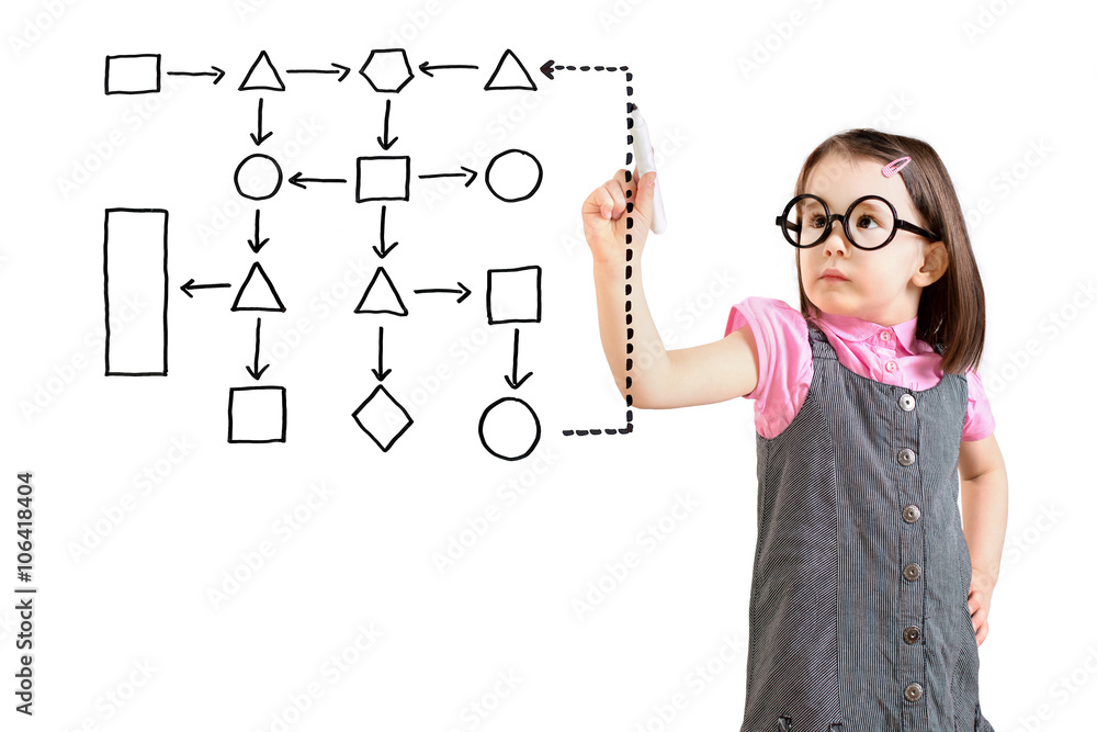 Cute little girl wearing business dress and writing process flowchart ...