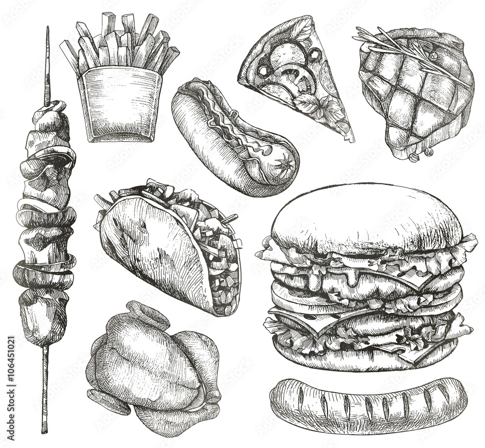 Fast food, sketches, hand drawing, vector set Stock Vector | Adobe Stock