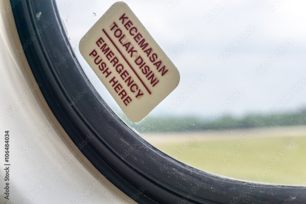 Warning sign on the widow of chopper to offshore oil rigs Stock Photo ...