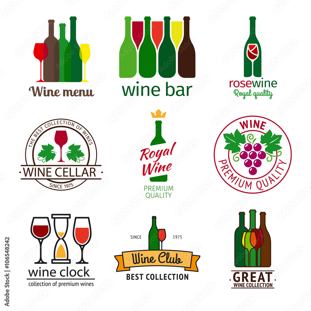 Wine shop logos set. Colofrul icons with vine, wine bottles, grapes and ...