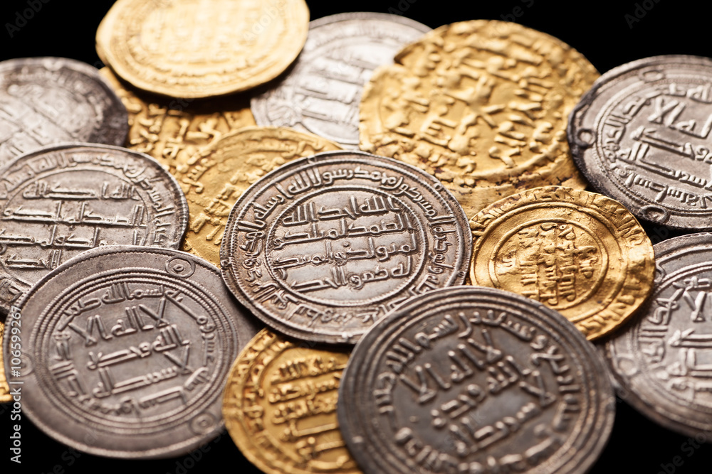 Mix of ancient golden and silver islamic coins Stock Photo | Adobe Stock