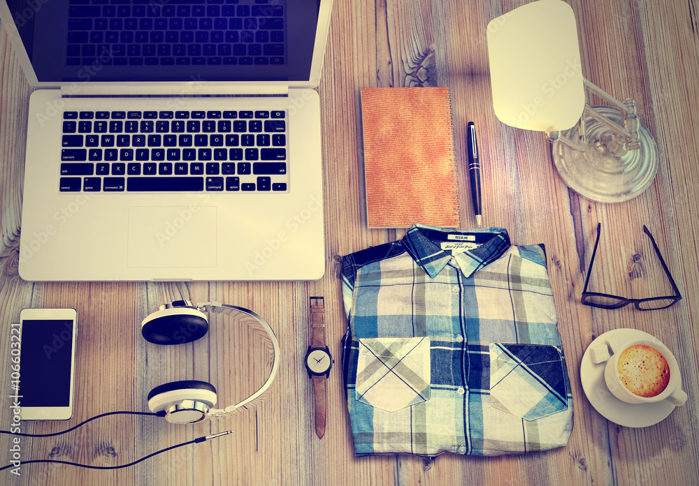 Top view office desk hero header for responsive webdesign. Letterhead ...