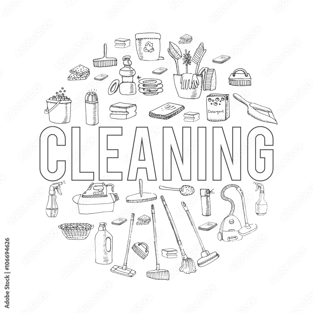 Hand drawn vector cleaning service icons set, Clean symbols, tools ...