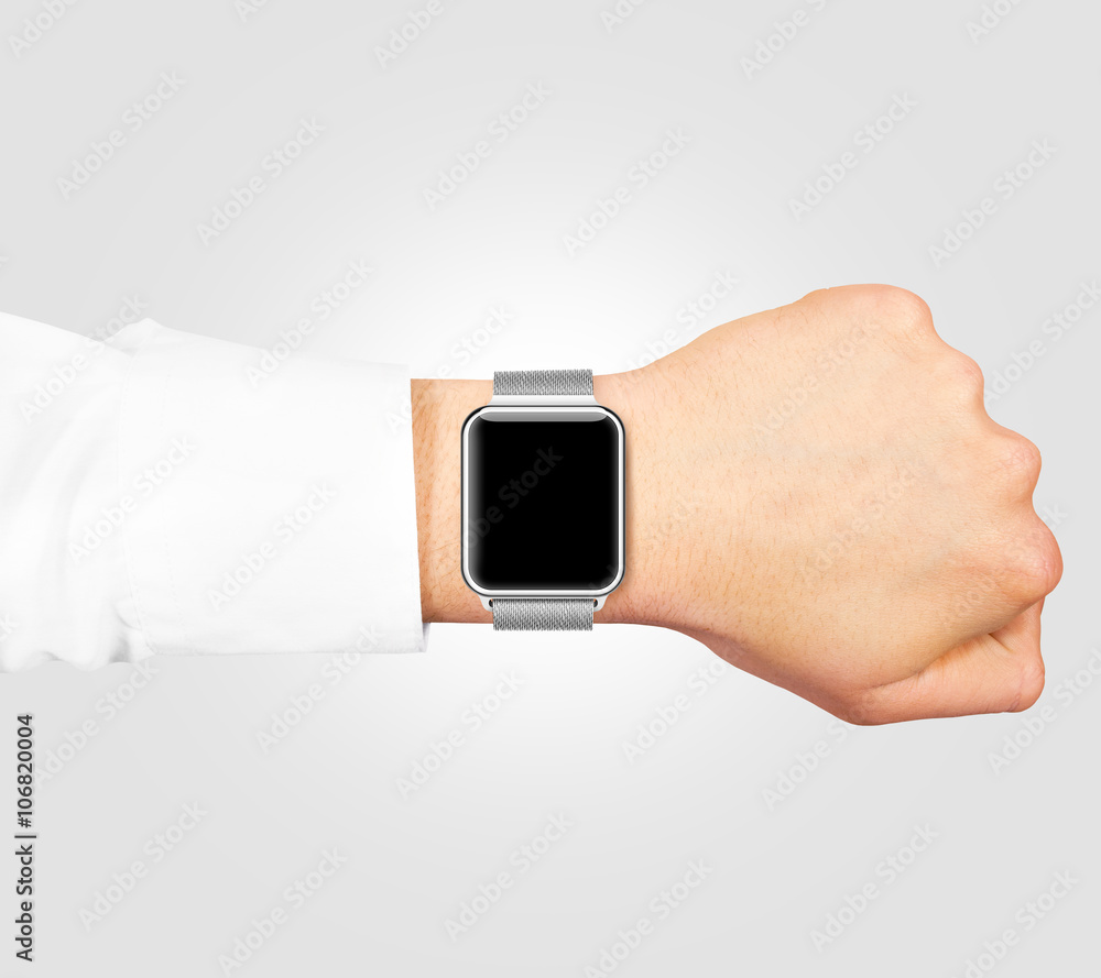 Smart watch blank screen mock up wear on the hand isolated on gray ...