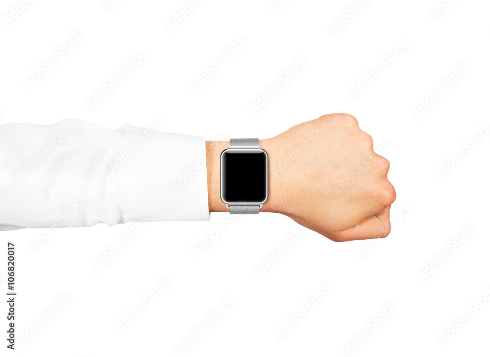 Smart watch blank screen mock up wear on the hand isolated. Steel ...