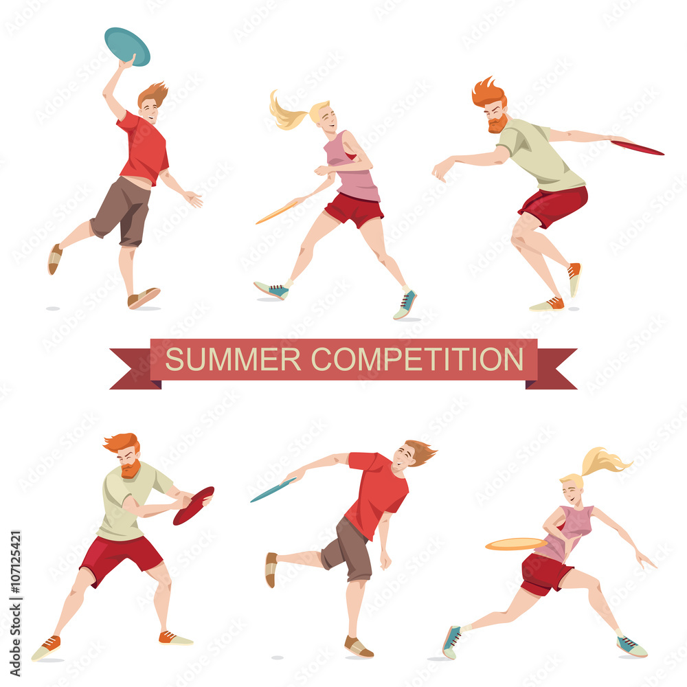 Set of vector illustrations of people playing flying disc Stock Vector ...
