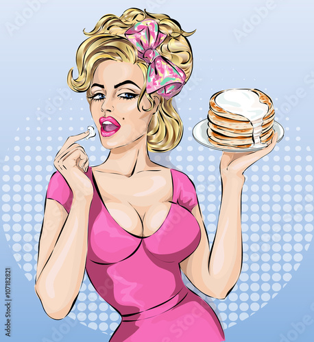 Sexy Pop Art Woman Portrait With Pancakes Pin Up Buy This Stock