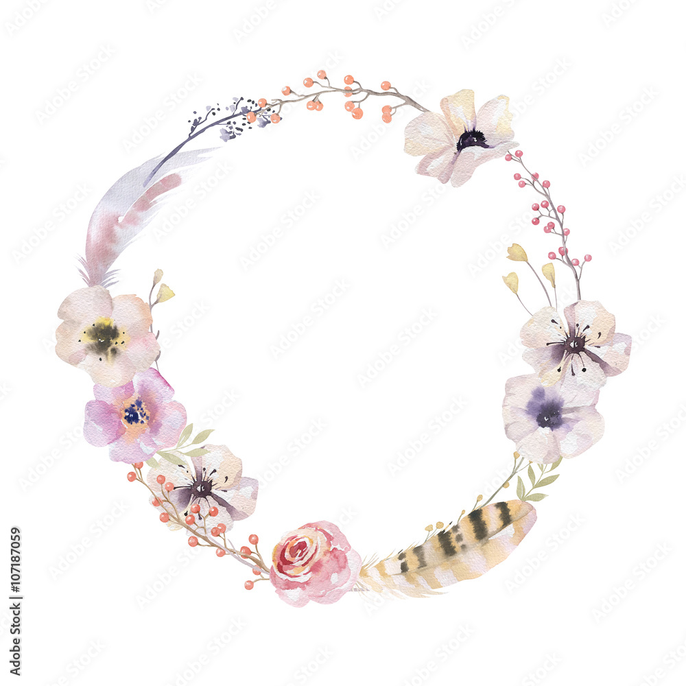 Watercolor floral wreath. Watercolour natural frame: leaves, fea Stock ...