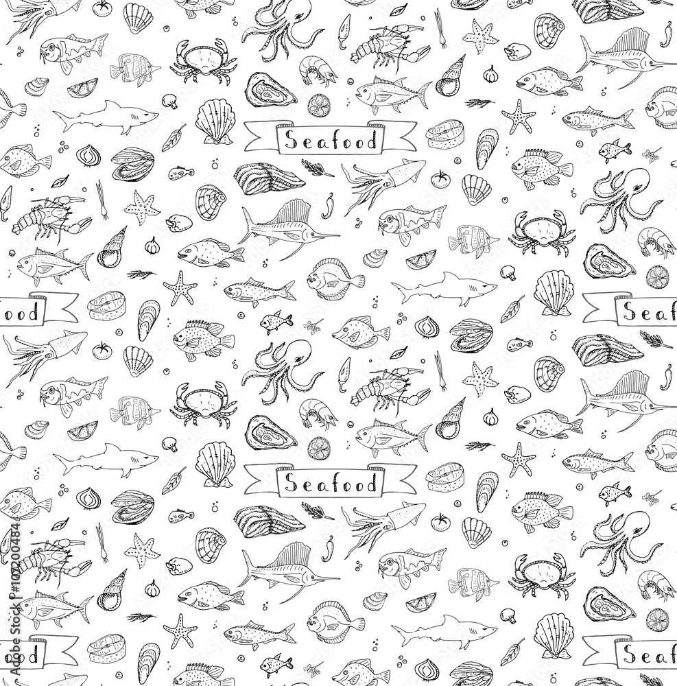 Seamless background hand drawn doodle Seafood icons set Vector ...