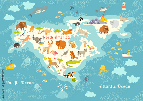 Animals world map, North America. Colorful cartoon vector illustration ...