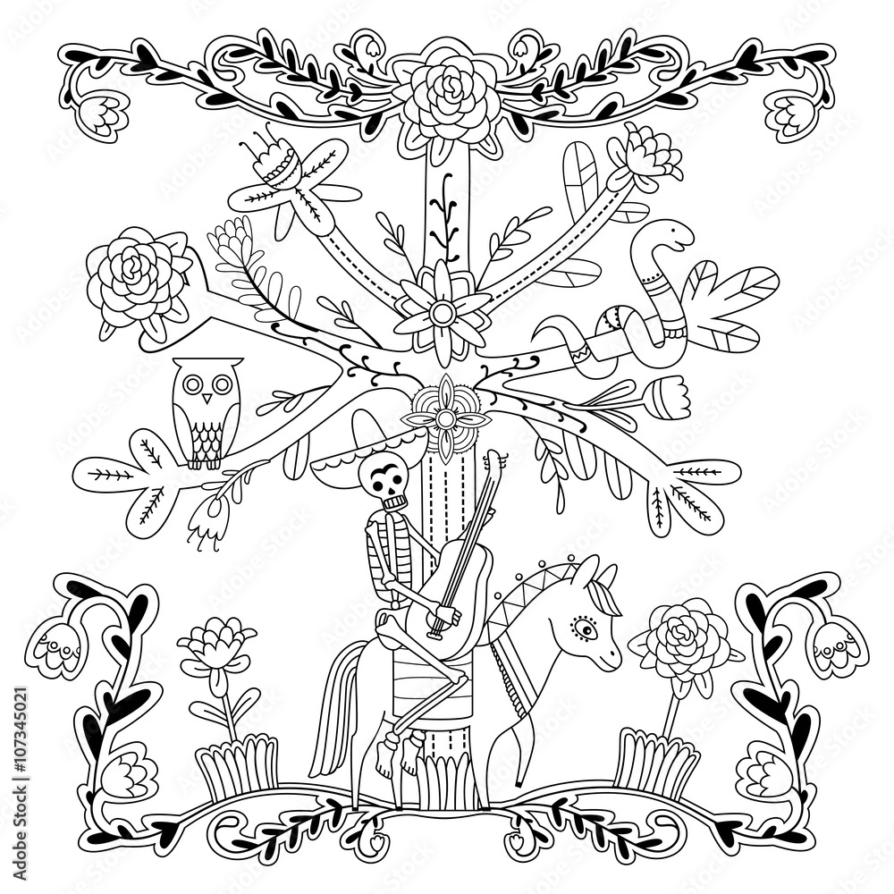 Adult coloring page with flowers, skeleton, horse, tree, owl, and snake ...