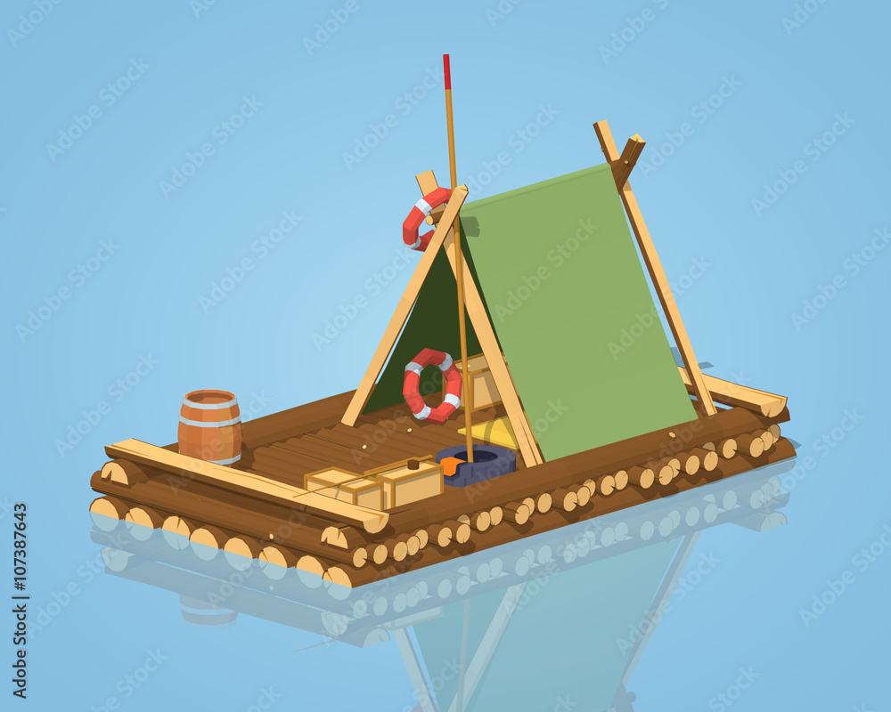 Wooden raft against the blue background. 3D lowpoly isometric vector ...