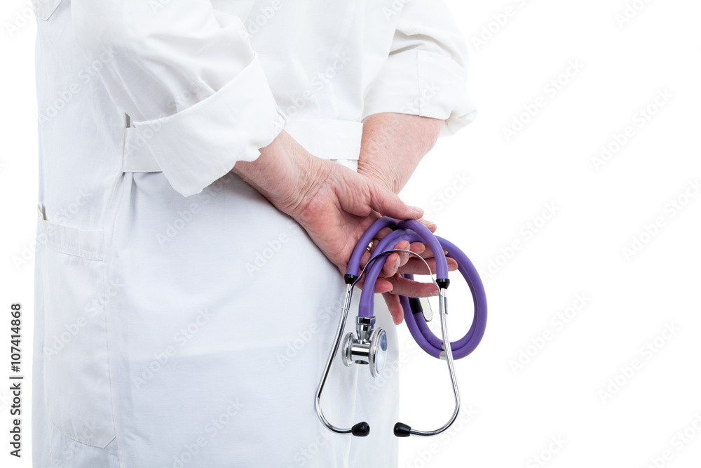 Doctor arms with stethoscope folded behind back, isolated on white ...