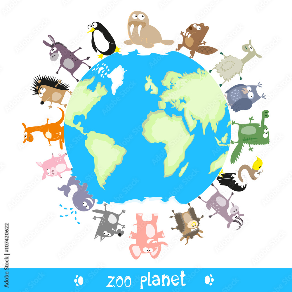 Zoo planet with cute animals drawing in funny cartoon style isolated on ...