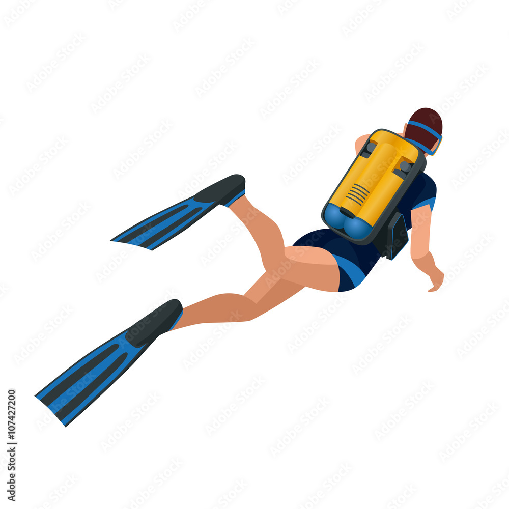 Scuba diver diving man back view. Scuba diving flat 3d isometric vector ...
