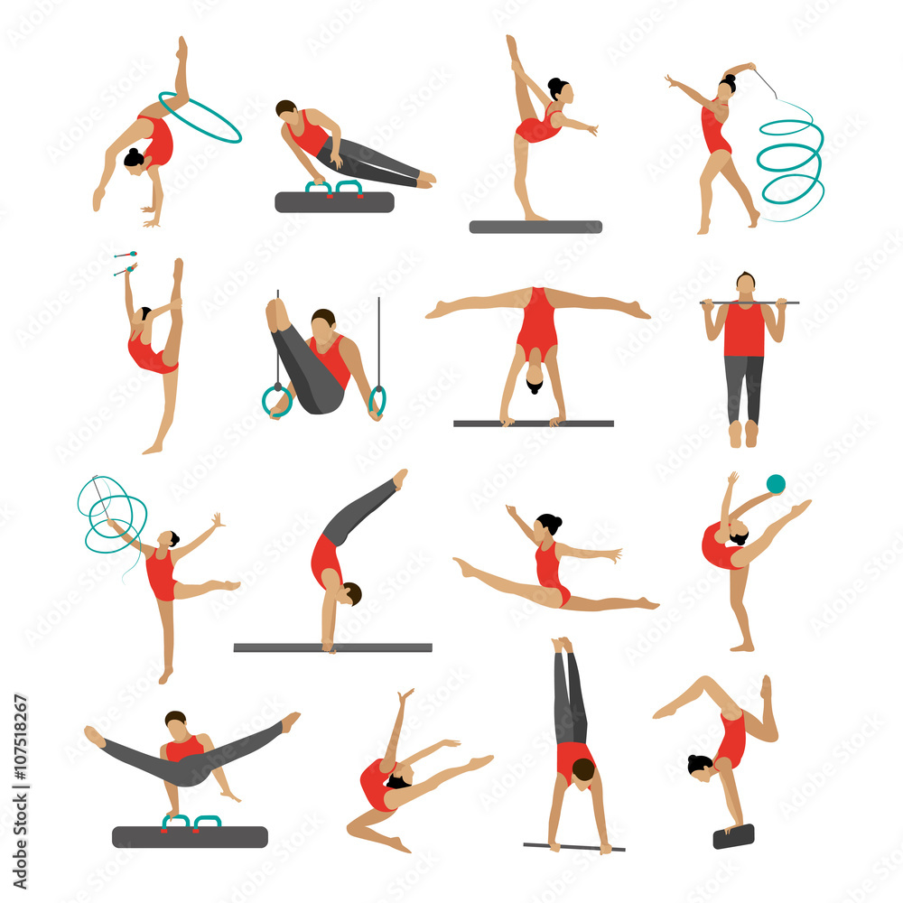 Vector set of people in sport gymnastic positions. Sportsman flat icons ...