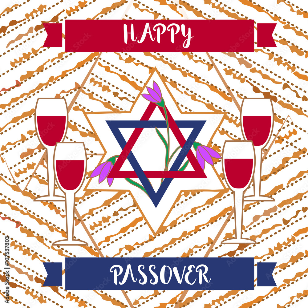 Vetor Happy Passover poster, card. Matzah bread, wine for Passover ...