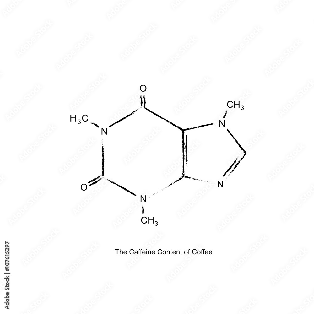 Vector illustration : Caffeine molecule formula, The caffeine content ...