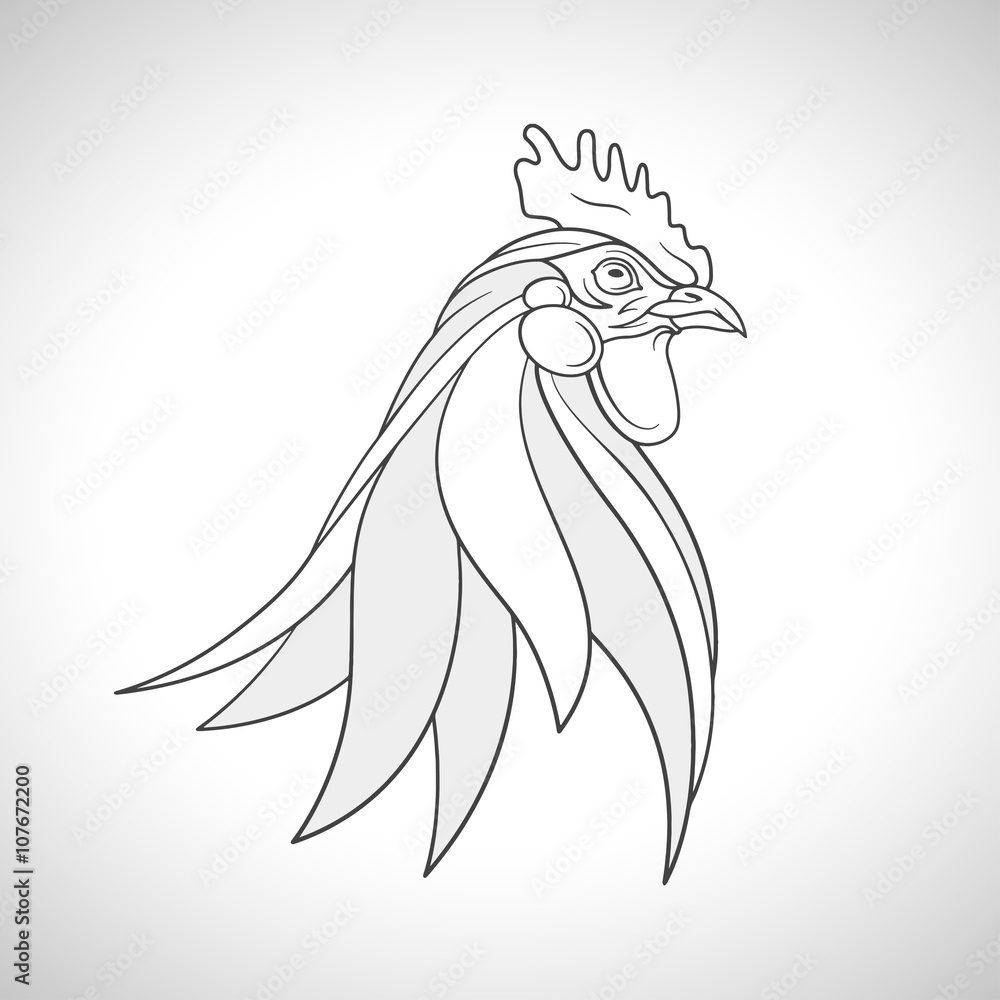 Line drawing of a farm bird - rooster cockerel head portrait. Chinese ...
