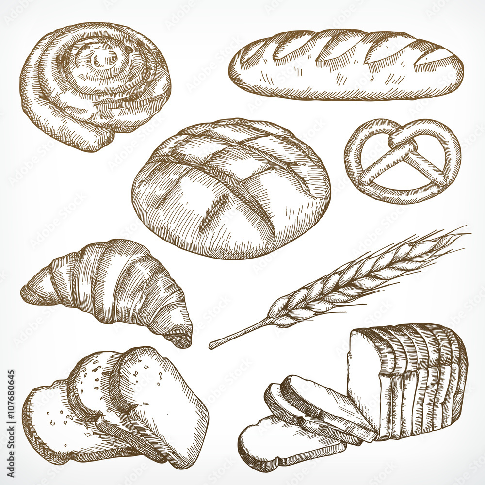Bread sketches, hand drawing, vector set Stock Vector | Adobe Stock