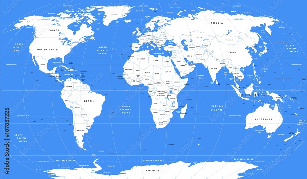 Vector white World map | Detailed a large political map of World Stock ...